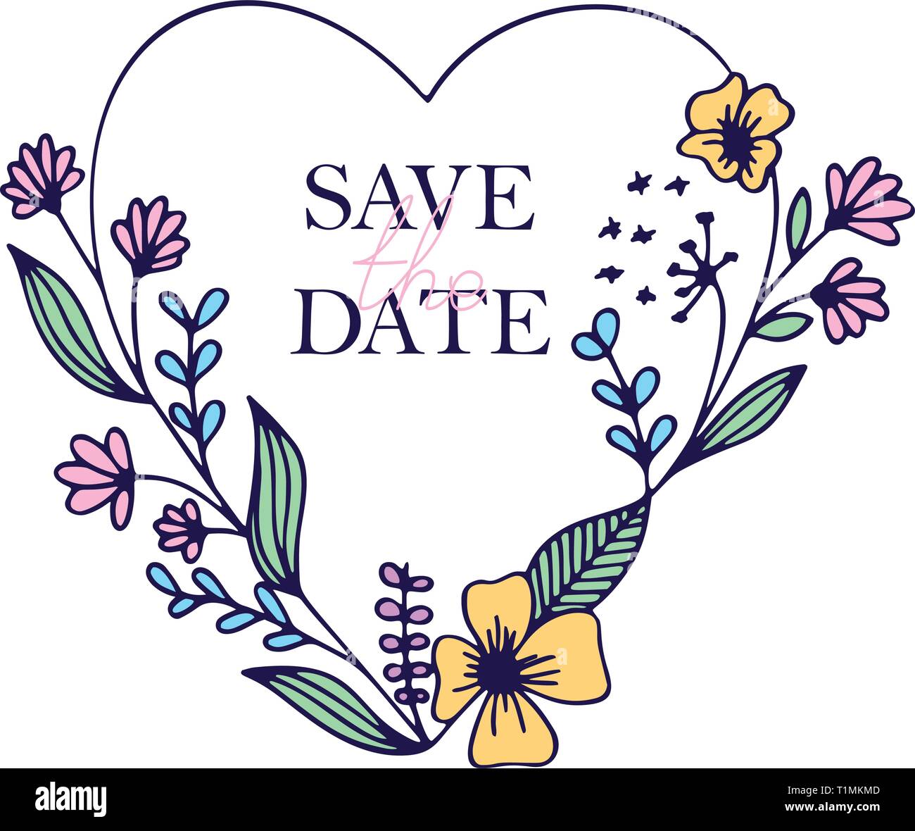 Save the date hand drawn hearts with stylized flowers - vector ...