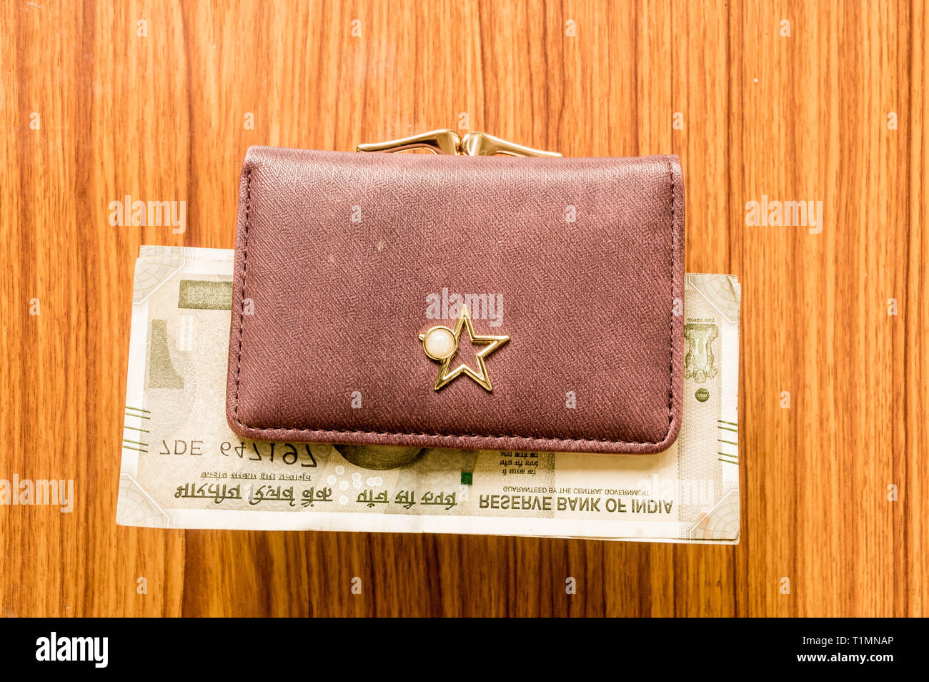 Indian five hundred (500) rupee cash note in brown color wallet leather ...