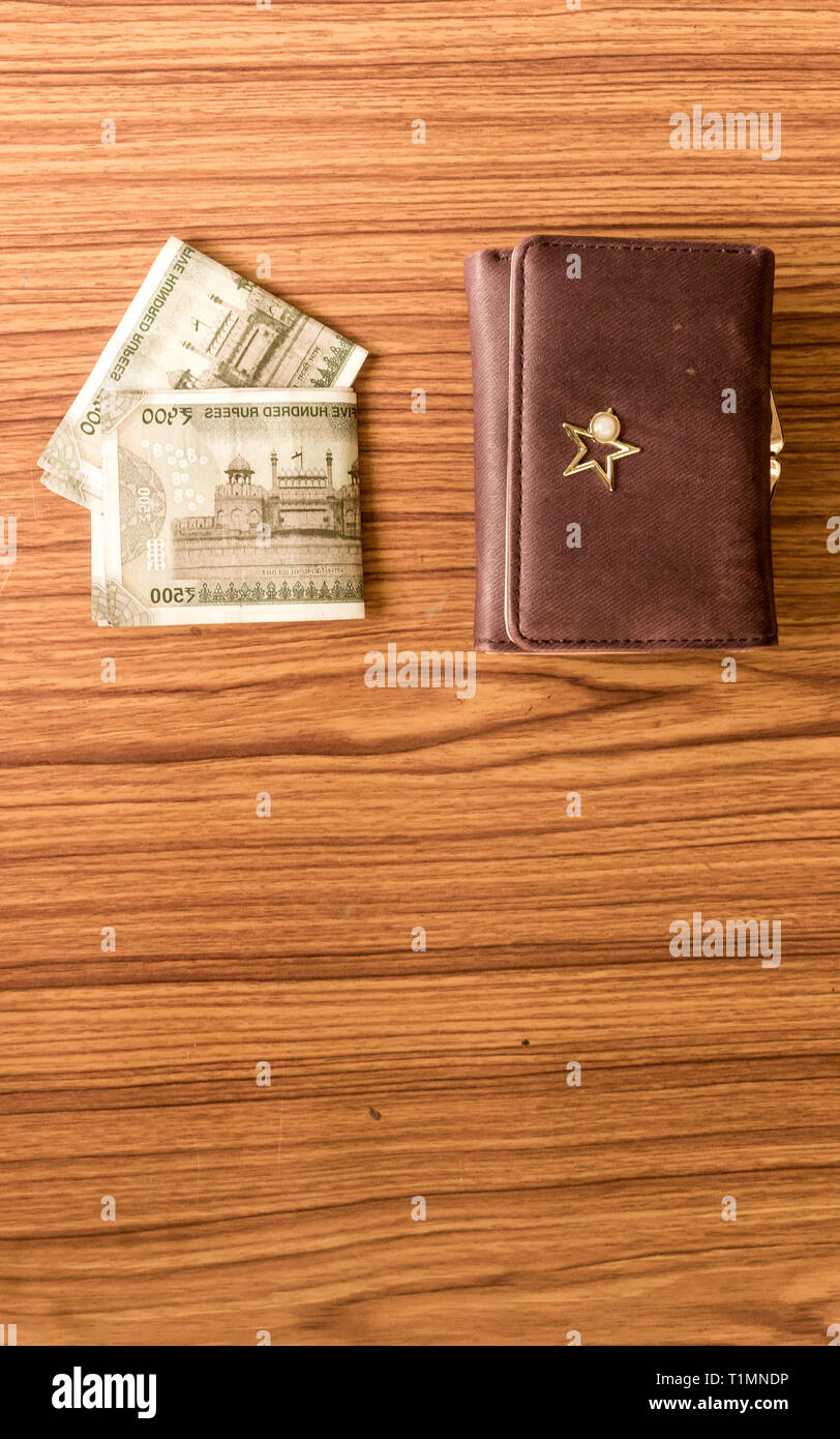 Indian five hundred (500) rupee cash note in brown color wallet leather ...