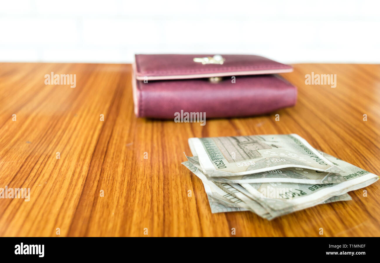 Indian five hundred (500) rupee cash note in brown color wallet leather ...