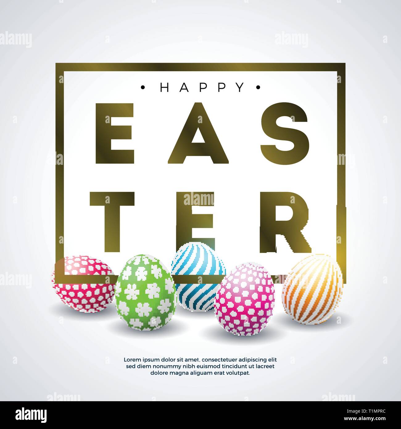 Happy Easter Holiday Design with Colorful Painted Egg and Golden ...