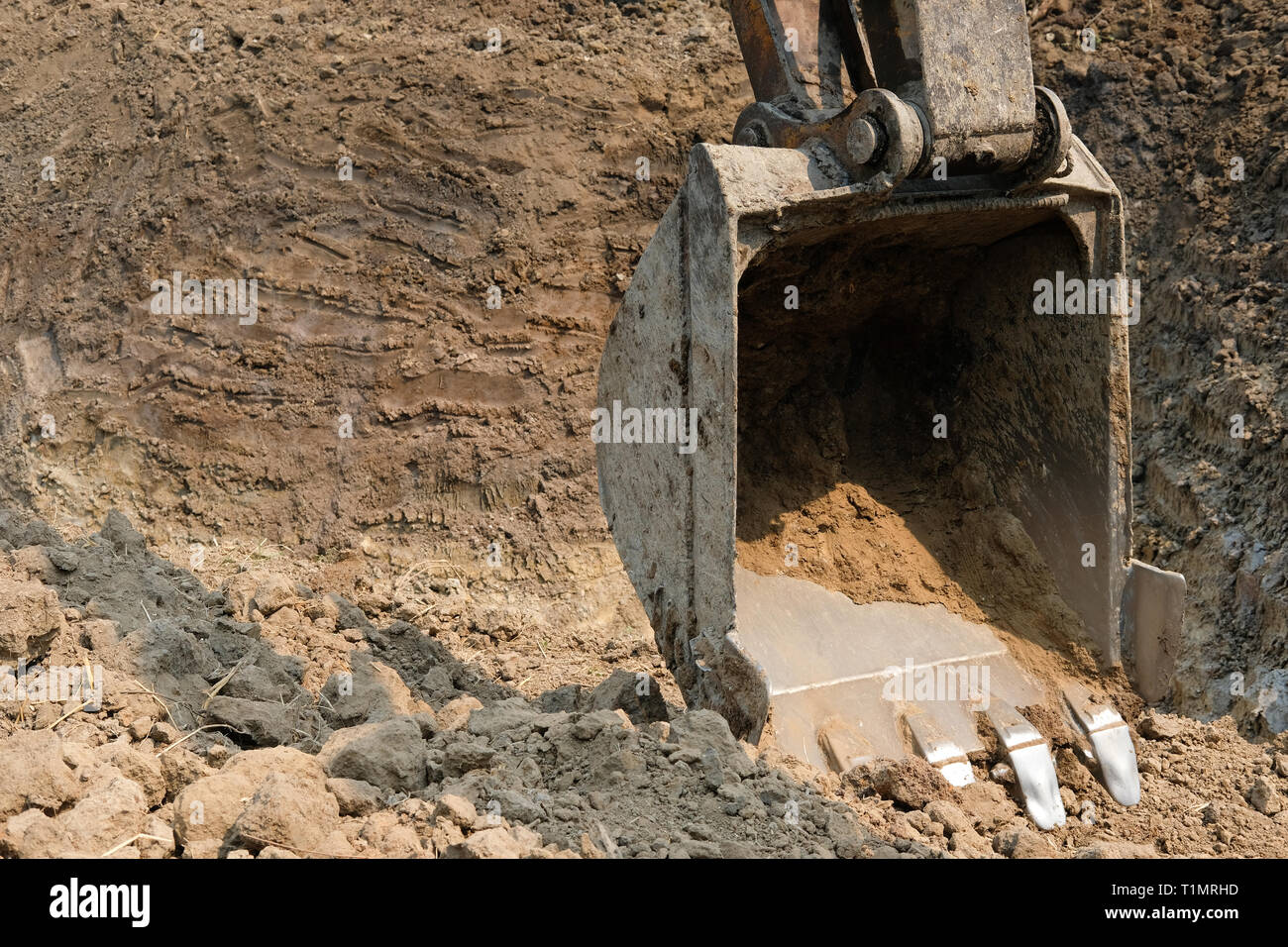 excavator digging making pond. earthmoving work in farmland Stock Photo ...