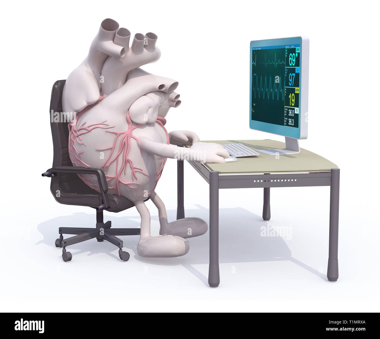 heart with arms and legs seating working on desk with computer, 3d ...