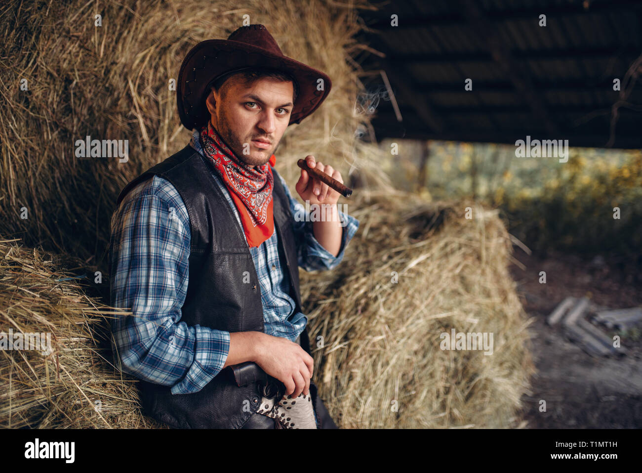 Brutal cowboy smokes cigar, haystack on background Stock Photo - Alamy