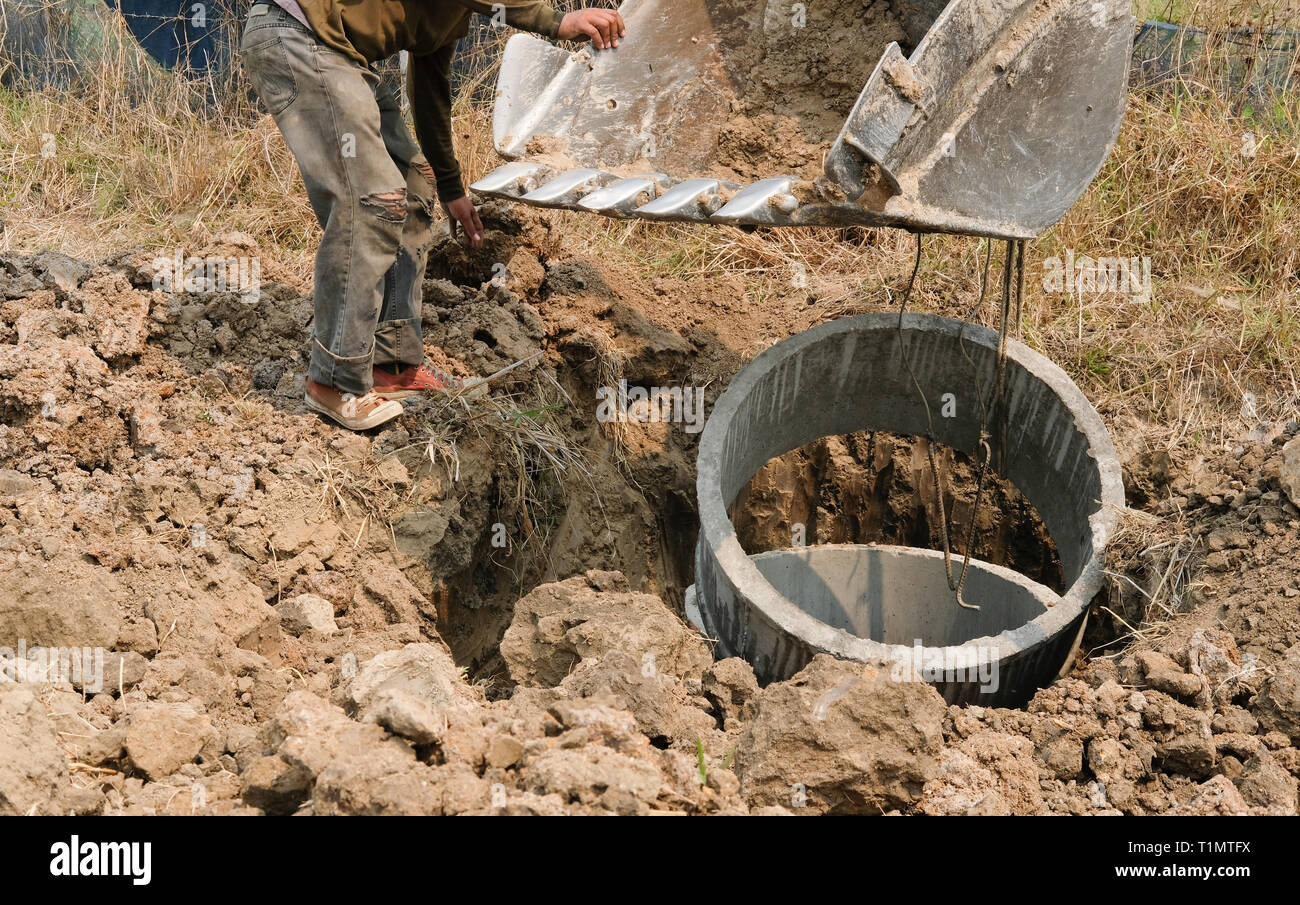 excavator backhoe tractor burying pipe on ground at construction site ...