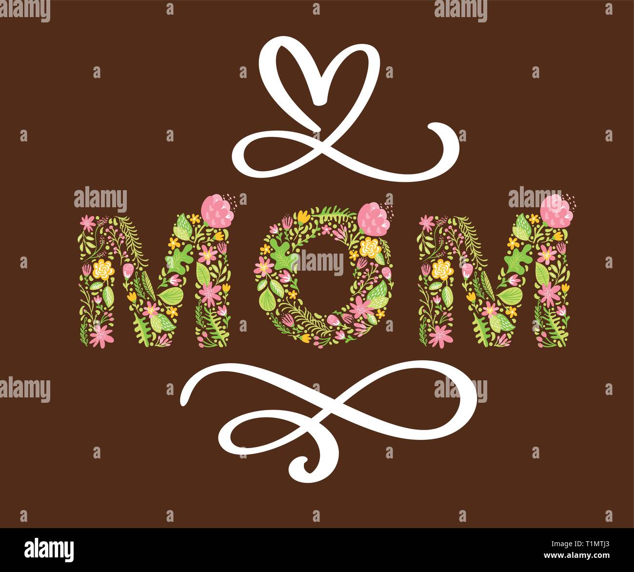 Floral summer text Mom. Vector illustration hand drawn Capital ...