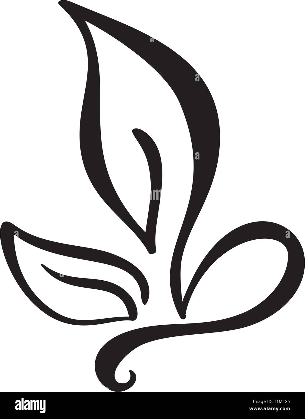 Black ink hand drawn calligraphy logo of leaf ecology vector element ...
