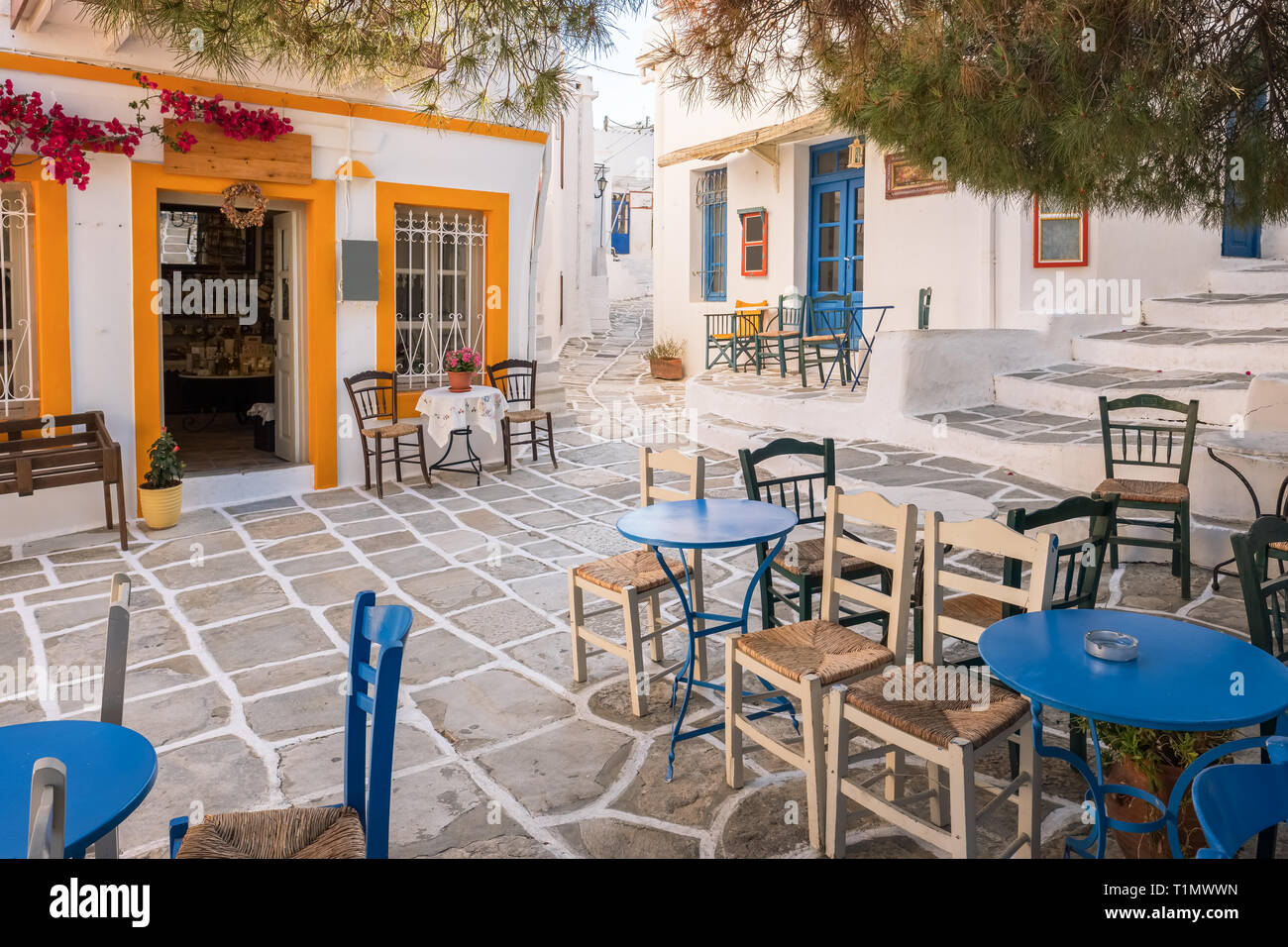 Cozy outdoor cafe in Lefkes village on Paros island, Cyclades, Greece ...
