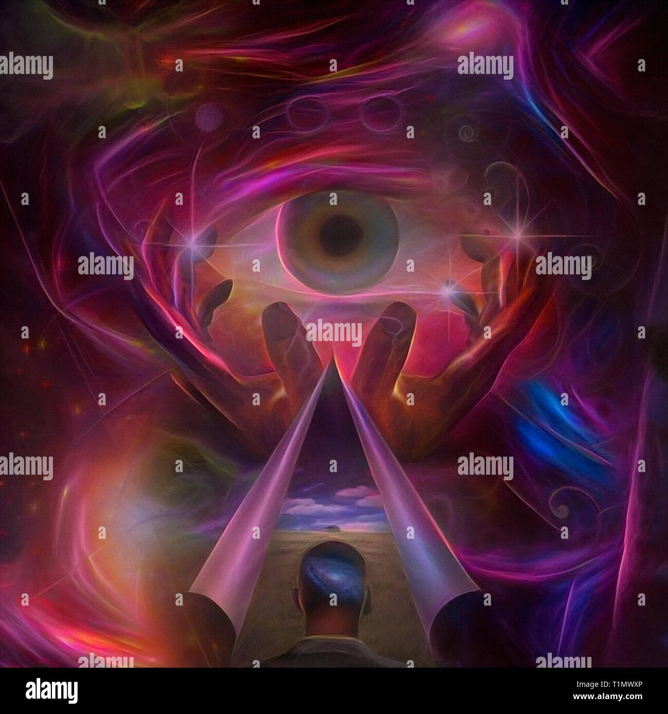 Spiritual painting. Hands of Creator and All seeing eye. Revelation of ...