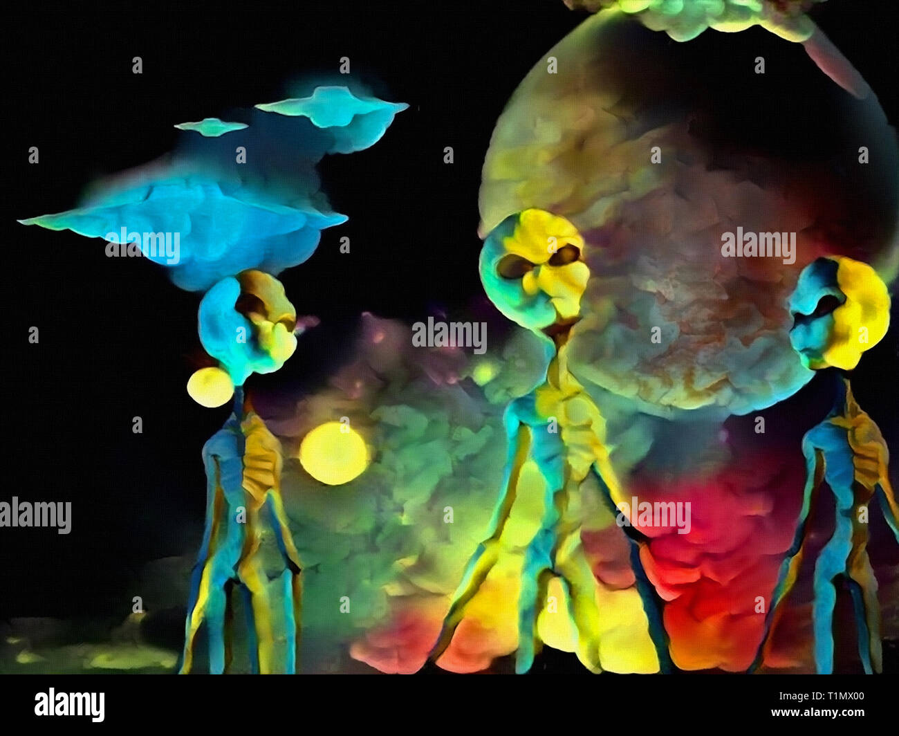 Colorful surreal painting. Three aliens. Flying saucers in the sky ...