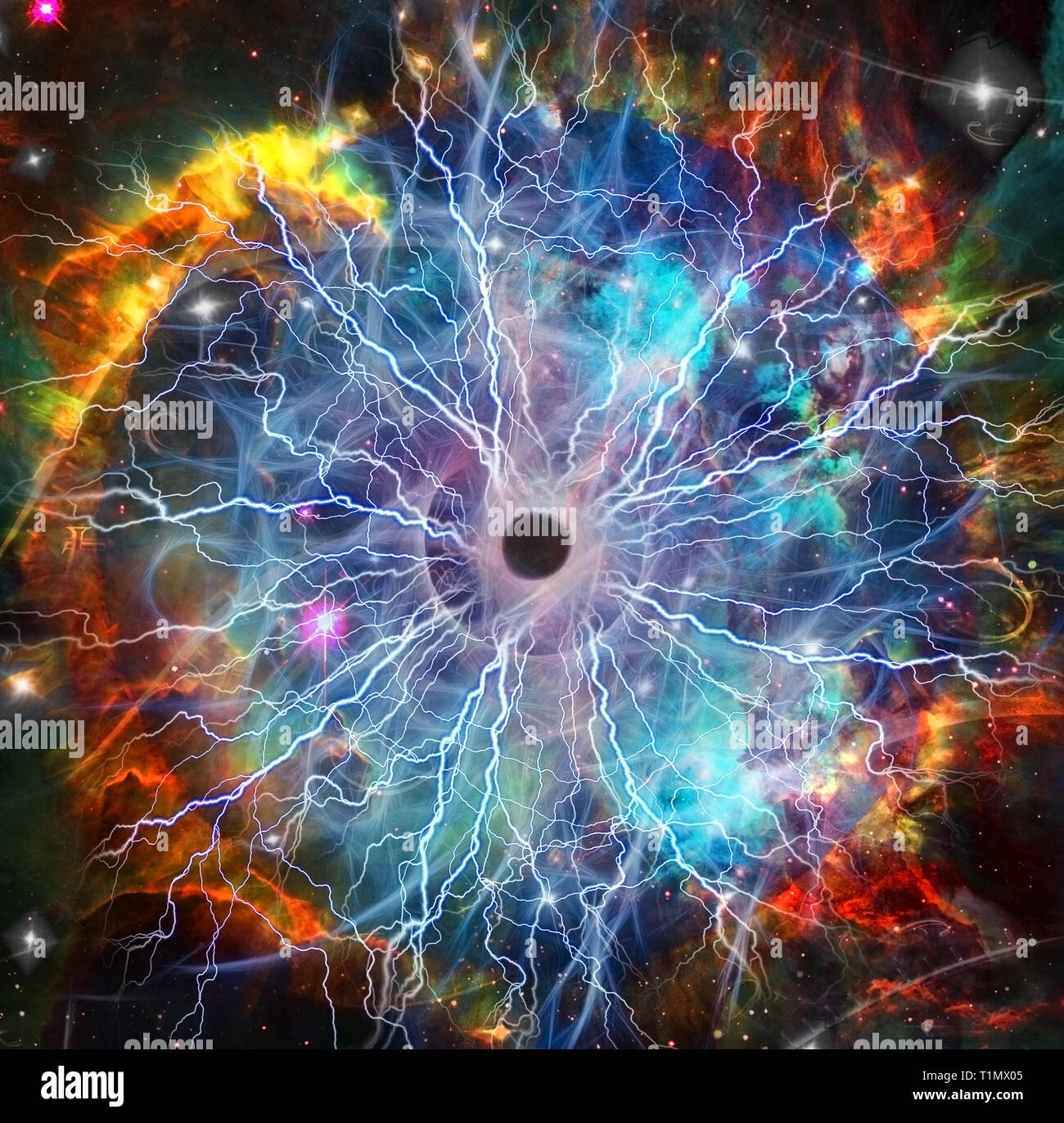 Sci-Fi Digital Art. The Source of Power. Lightnings in vivid space ...