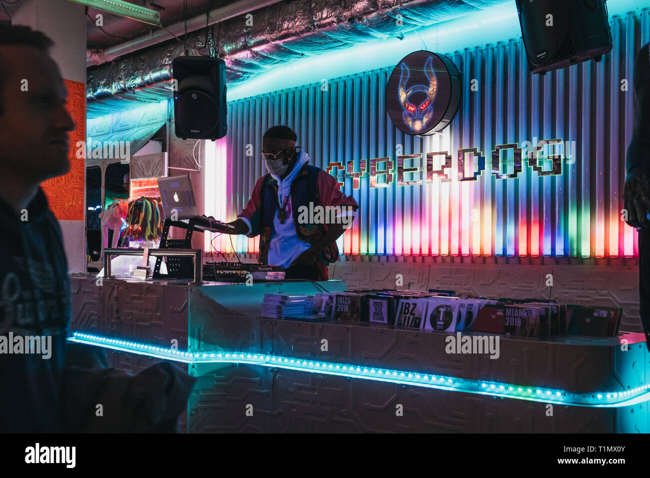 London, UK - March 23, 2019: DJ inside Cyberdog, Camden, London, a ...