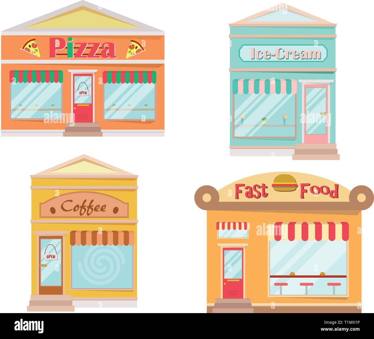 Vector modern cafe, fast food, ice cream and pizza detailed facade in ...