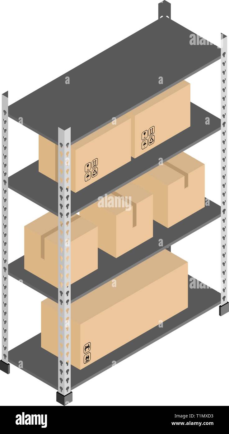 Metal storage shelves with boxes in isometric vector design for self ...