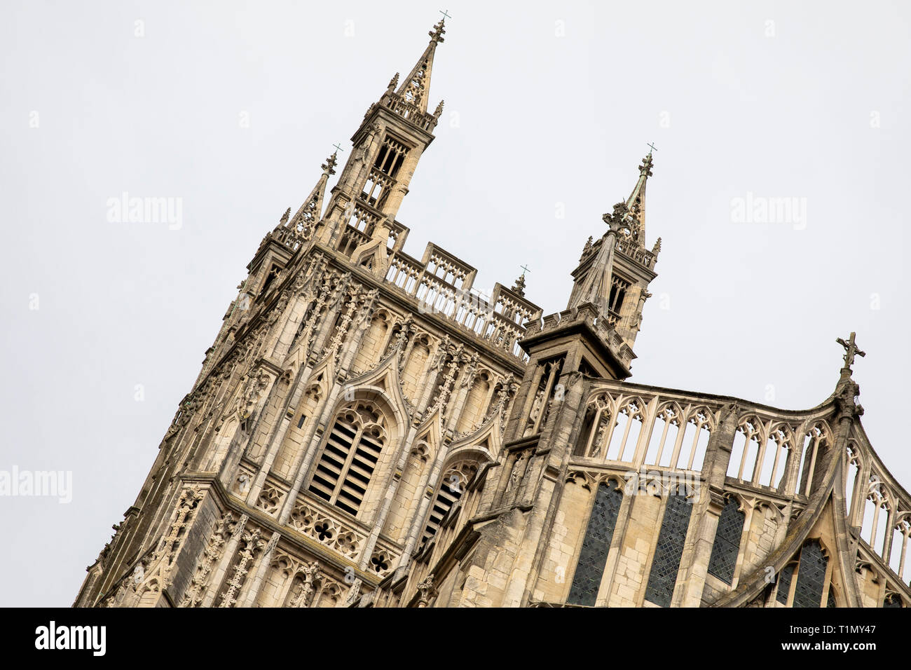 Close up view of Gloucester Cathedral tower, March 23rd 2019 Stock ...