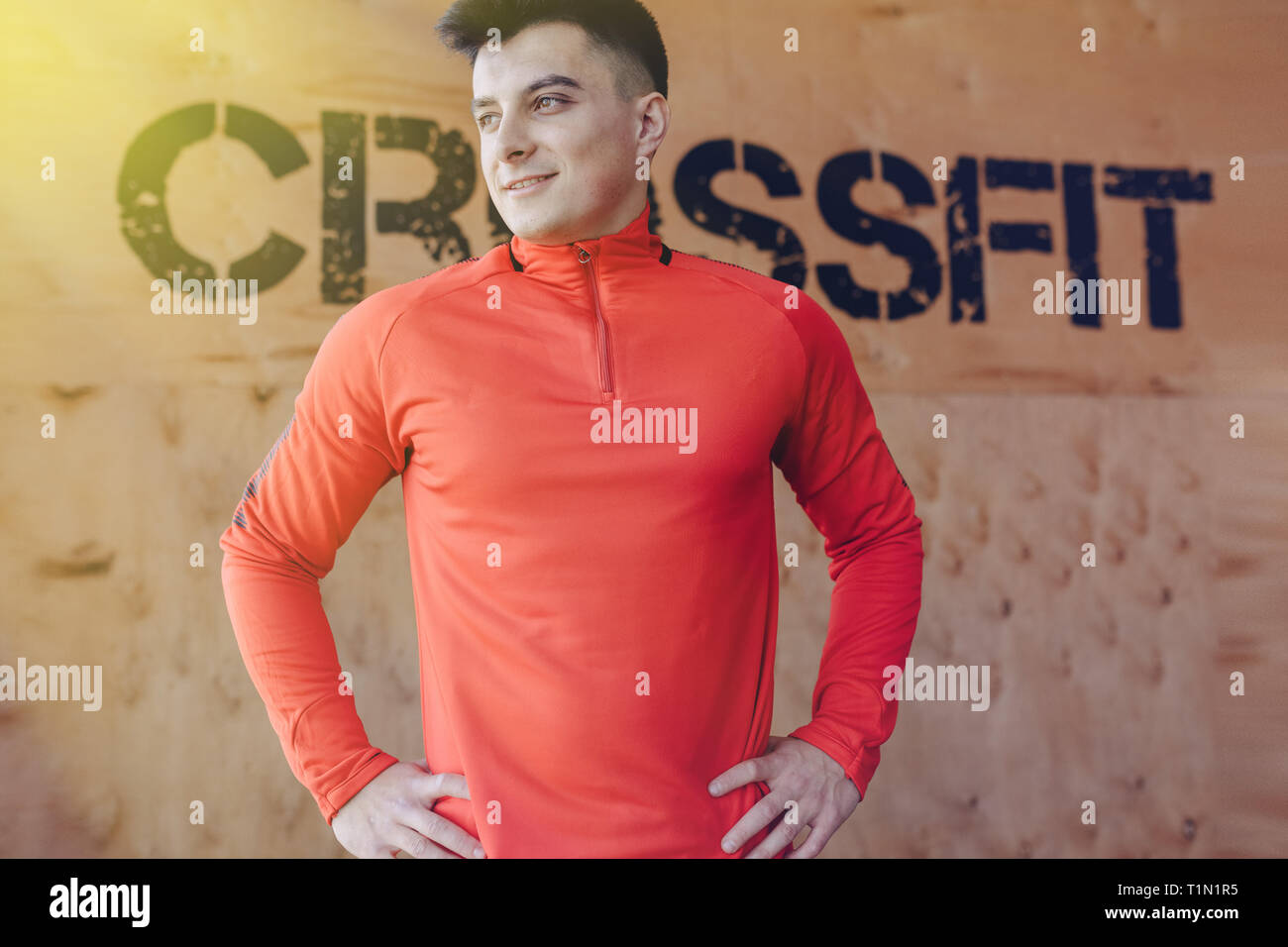 healthy guy in the background of the inscription crossfit, the theme of ...