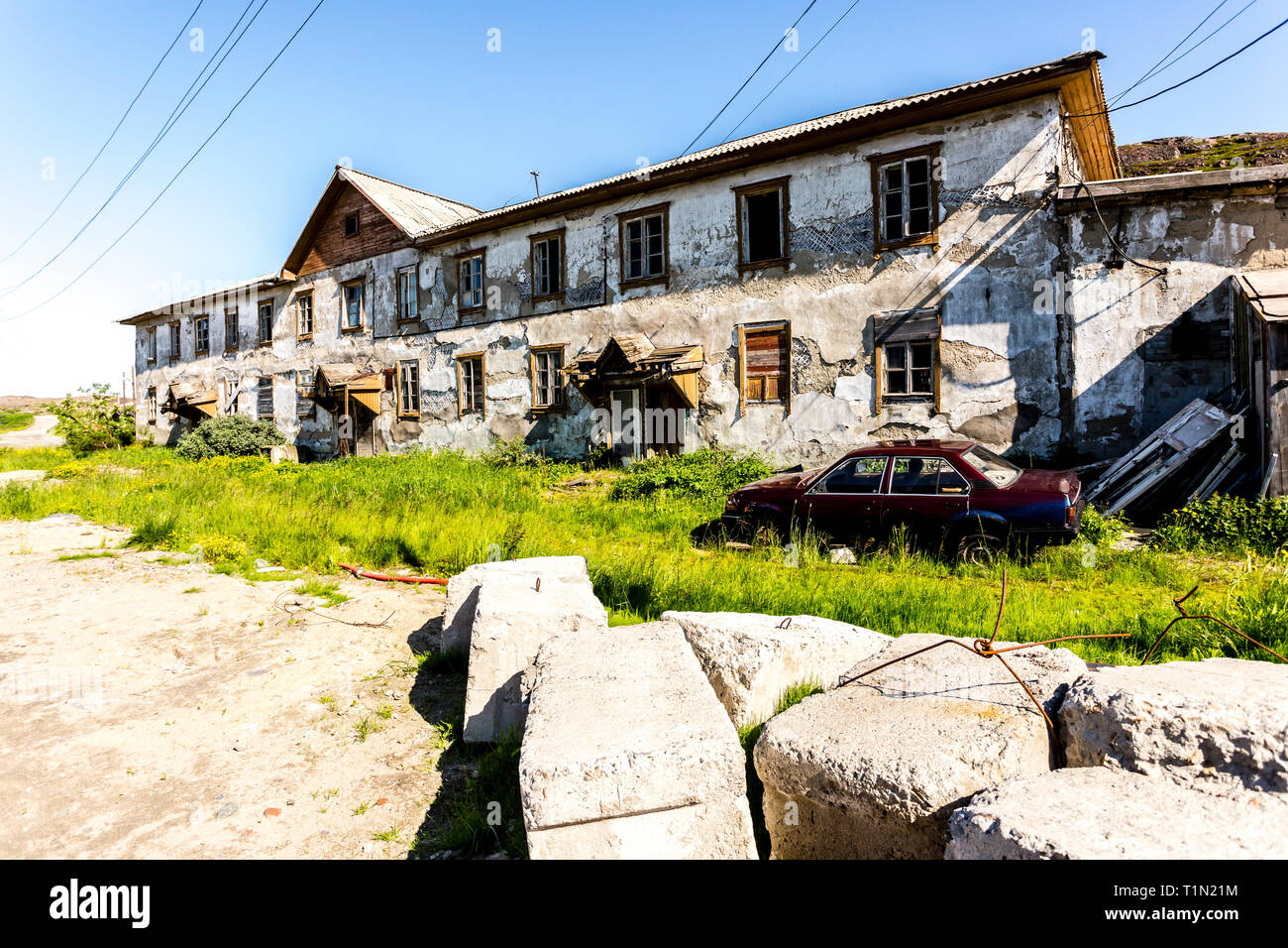 Village street in Teriberka, a rural locality village (a selo) in ...