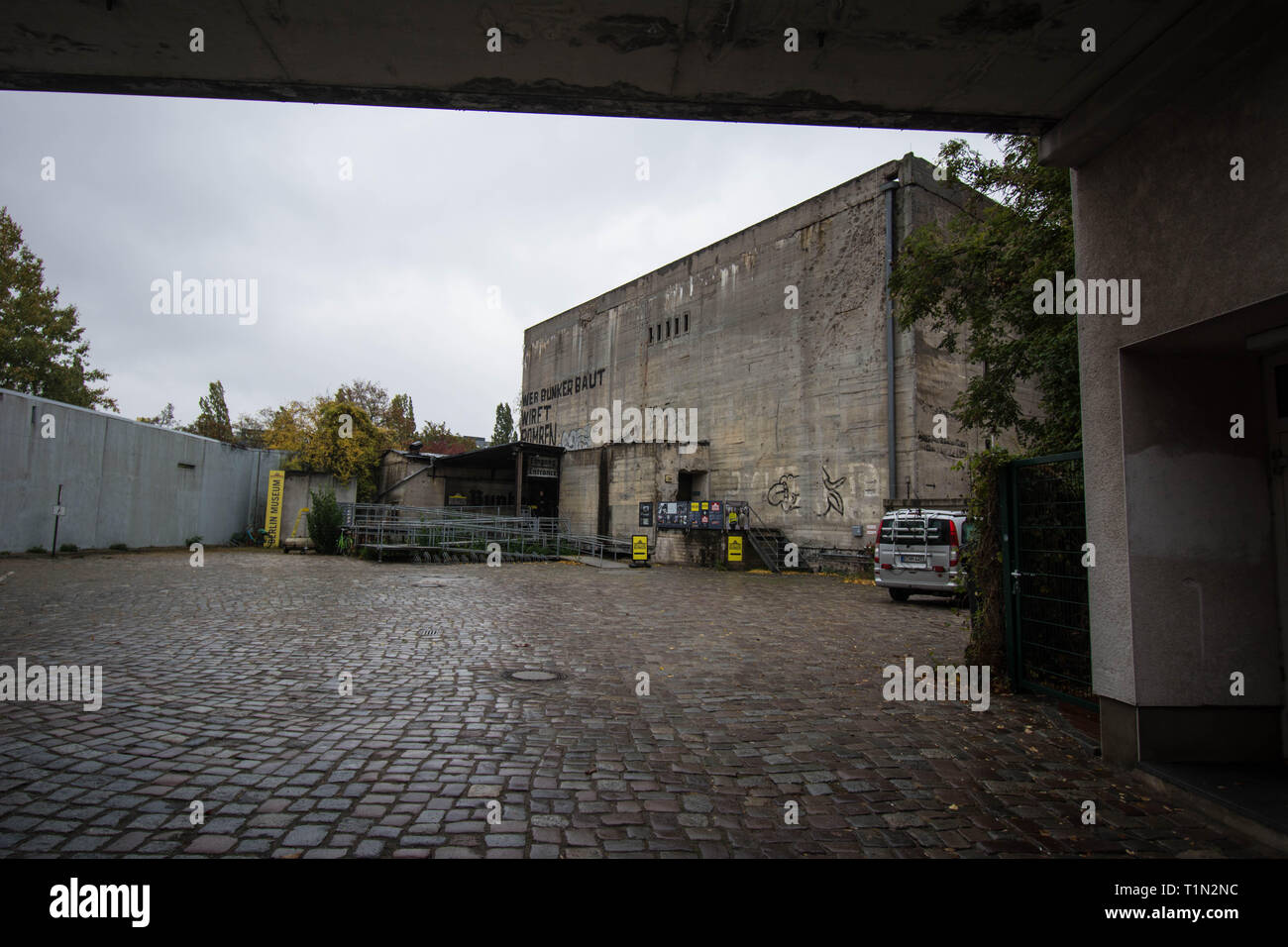 recreated Hitlers bunker in Berlin Germany concrete building museum courtyard death destruction ...