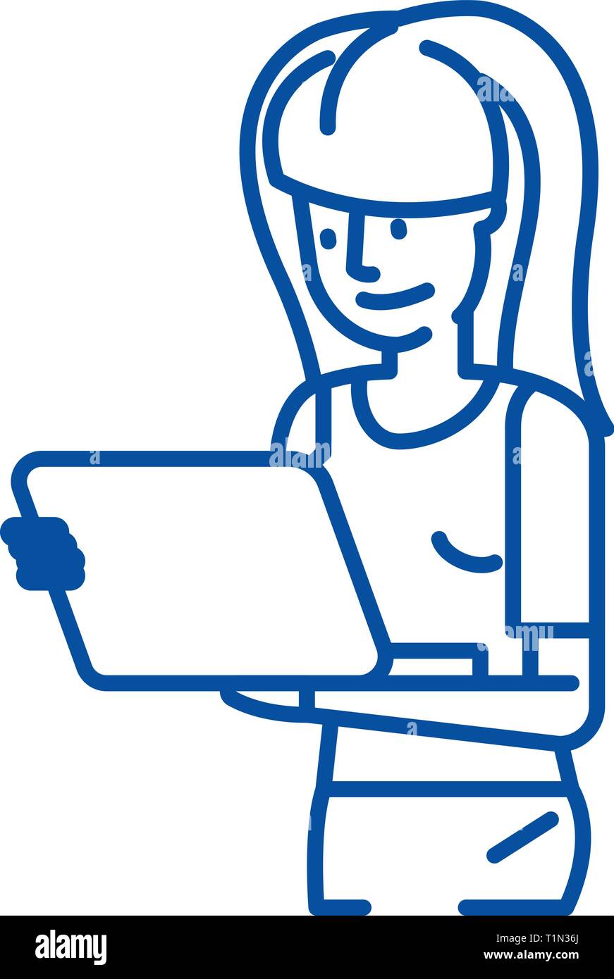 Girl watching movie on tablet line icon concept. Girl watching movie on ...