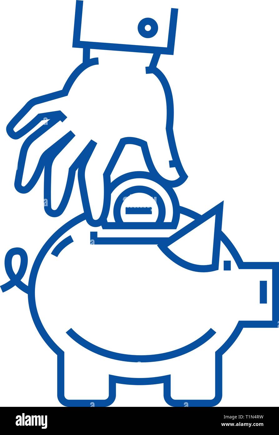 Hand put coin in pig bank line icon concept. Hand put coin in pig bank ...