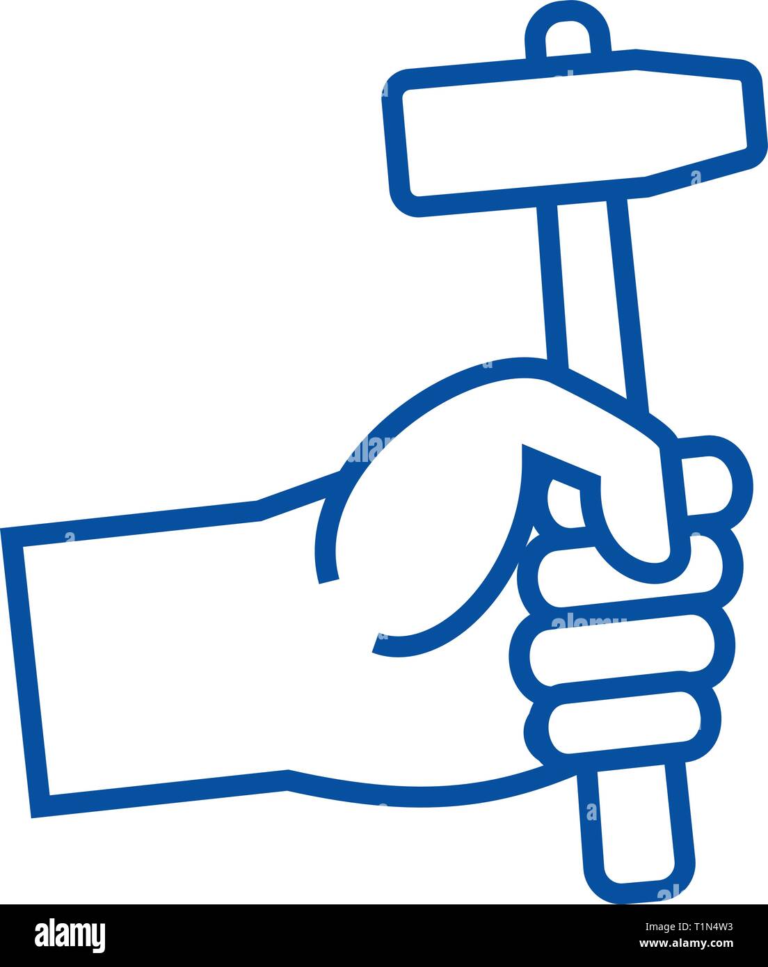 Hand with hammer line icon concept. Hand with hammer flat vector symbol ...