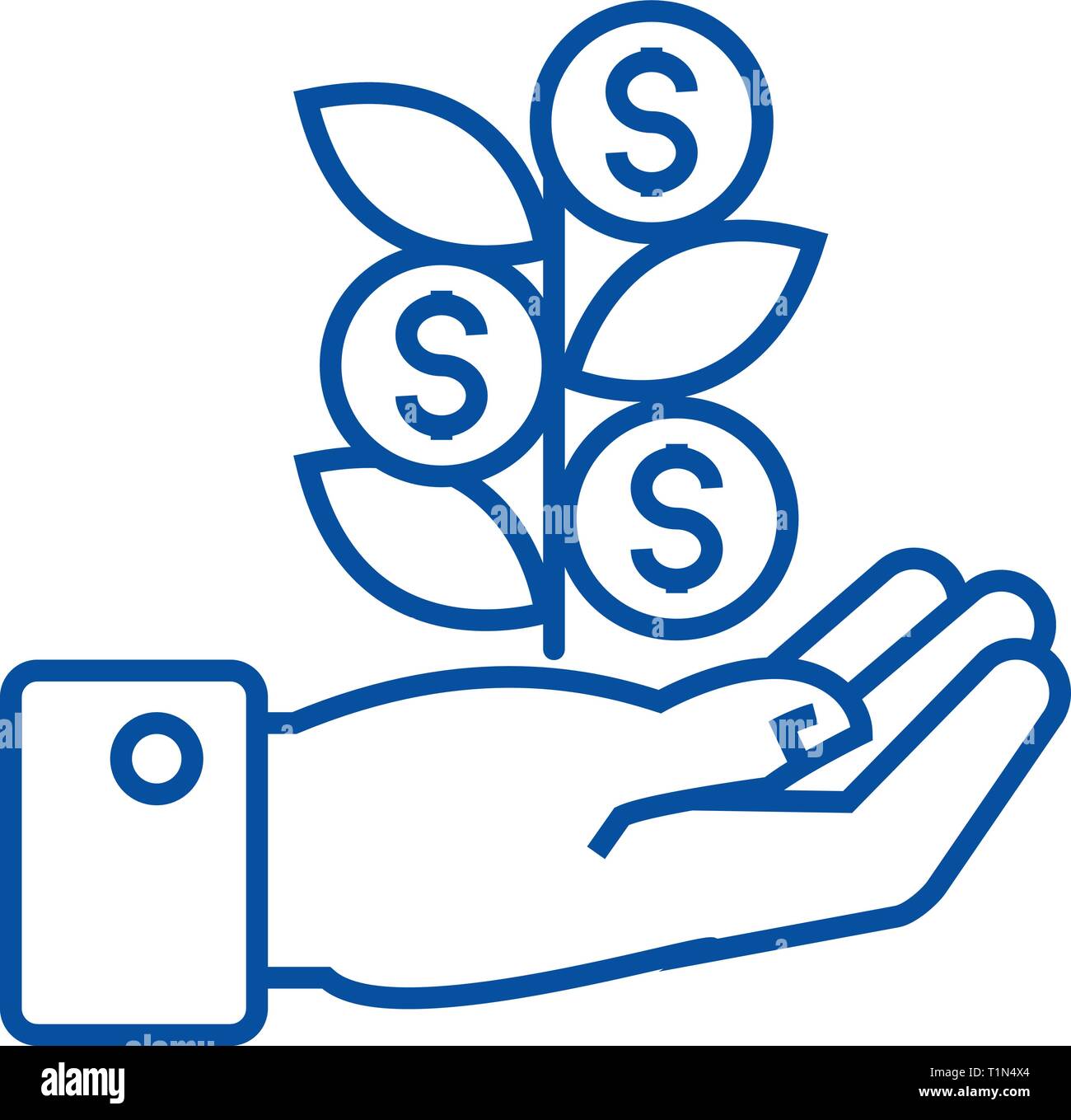 Hand with money tree line icon concept. Hand with money tree flat ...