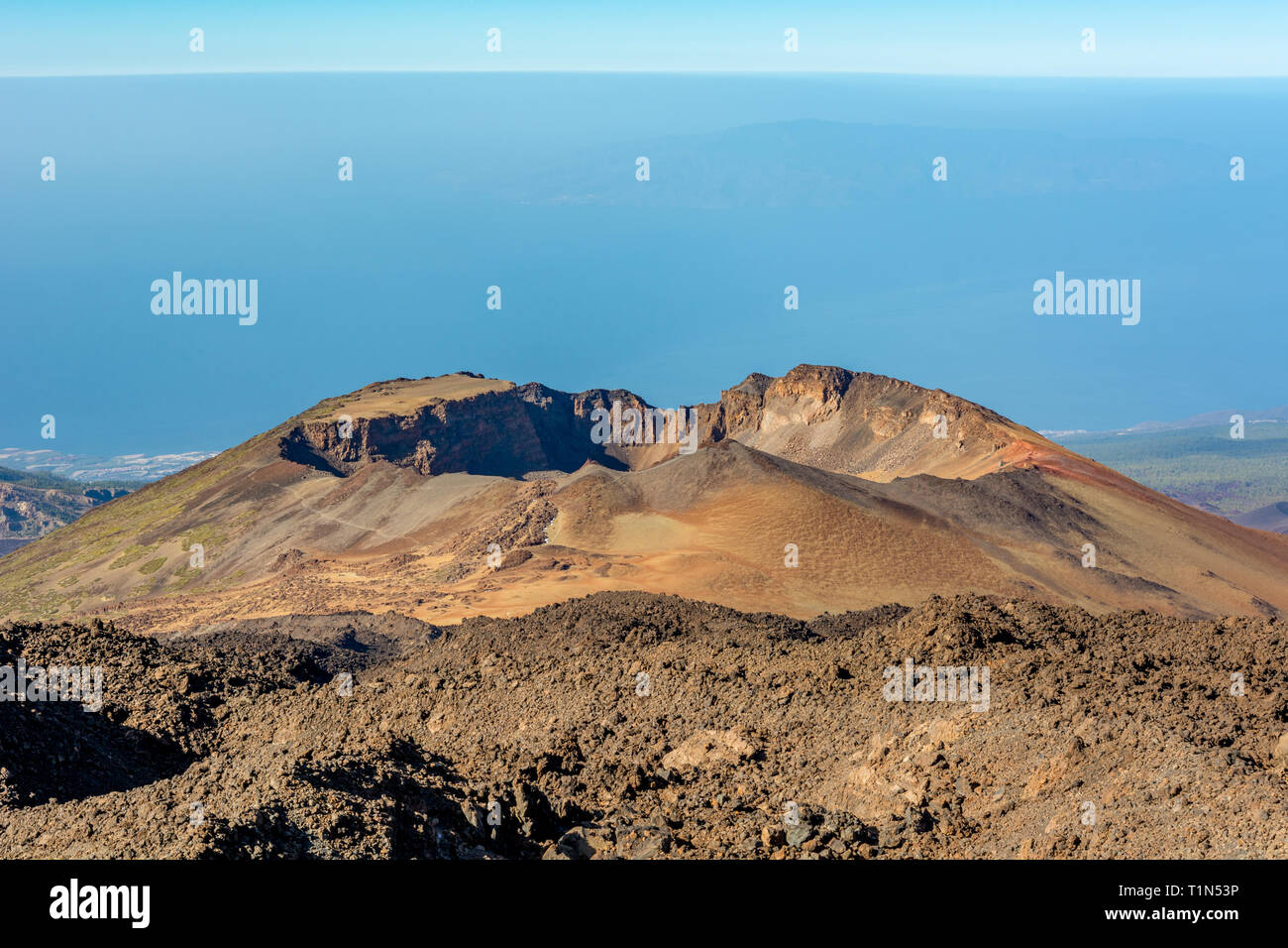 Aerial view of volcano cone raising above ocean. Tenerife, Spain Stock ...