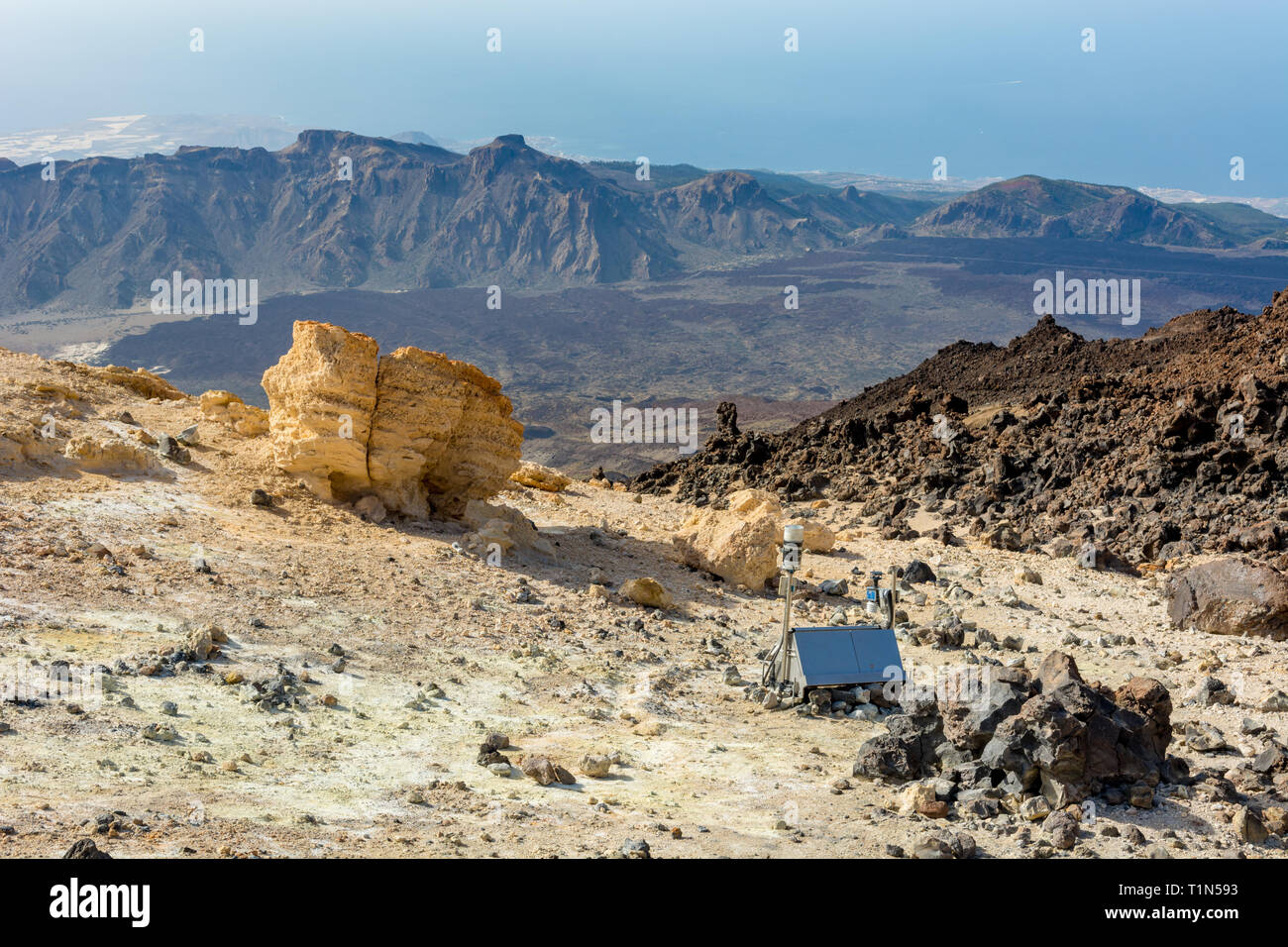 Detail of volcanic activity monitoring station on slopes of volcano ...