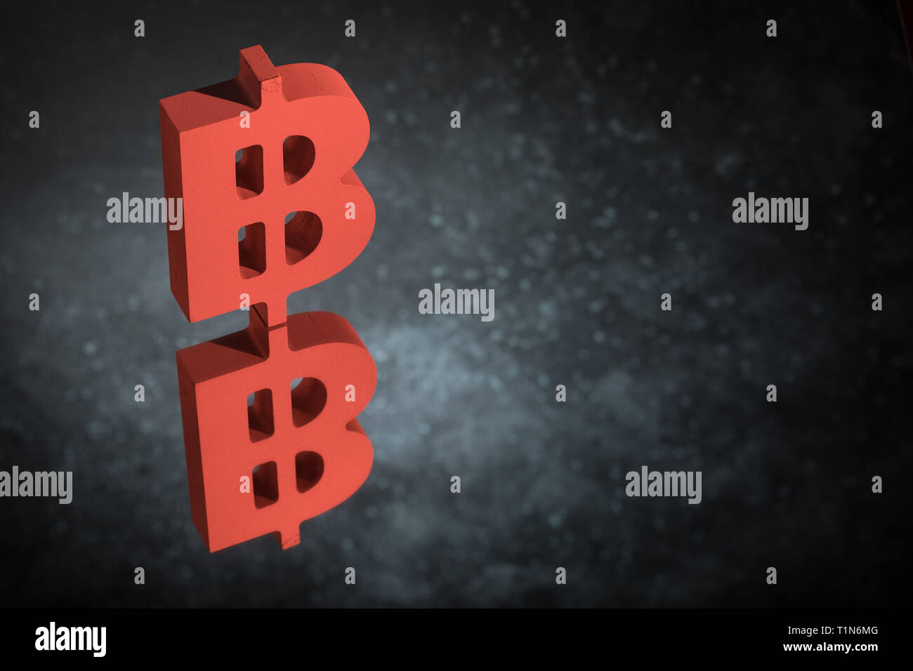 Red Bitcoin Currency Symbol or Sign With Mirror Reflection on Dark ...