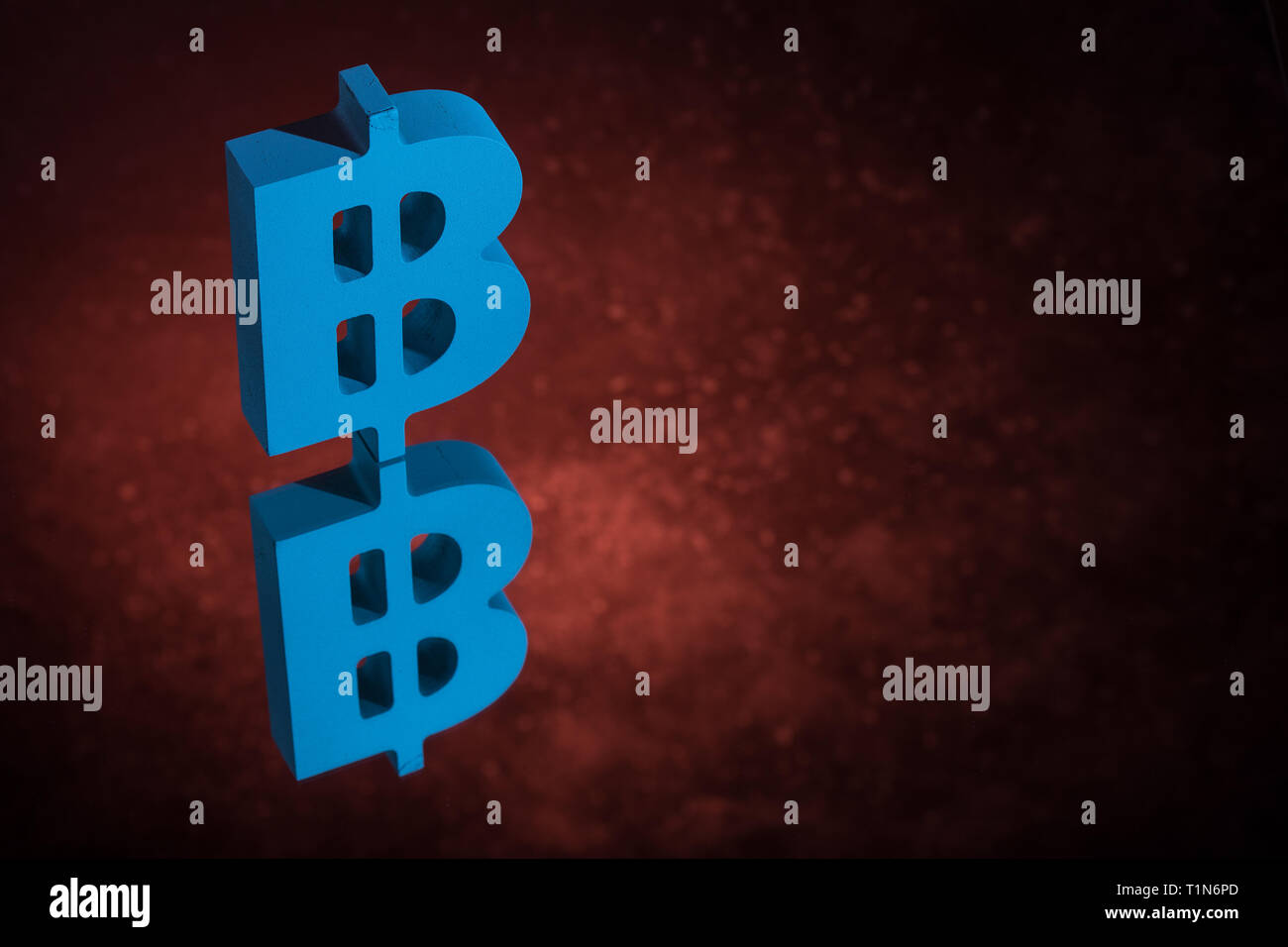 Blue Bitcoin Currency Symbol or Sign With Mirror Reflection on Red ...