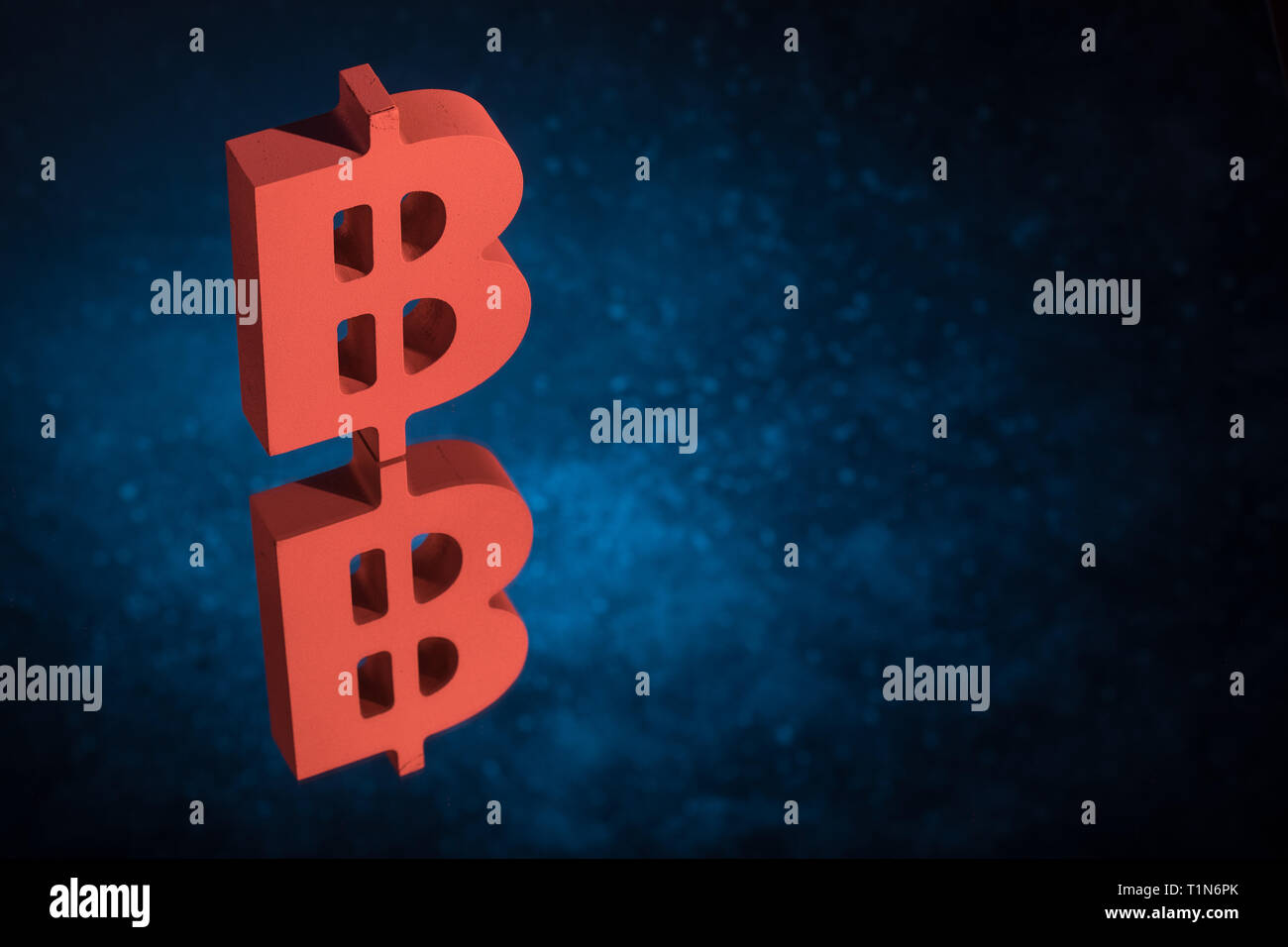 Red Bitcoin Currency Symbol or Sign With Mirror Reflection on Blue ...