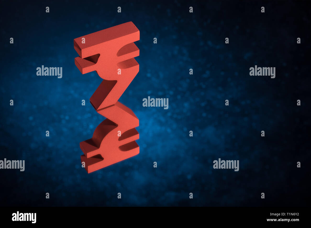 Red Indian Currency Symbol or Sign Rupee With Mirror Reflection on Blue ...