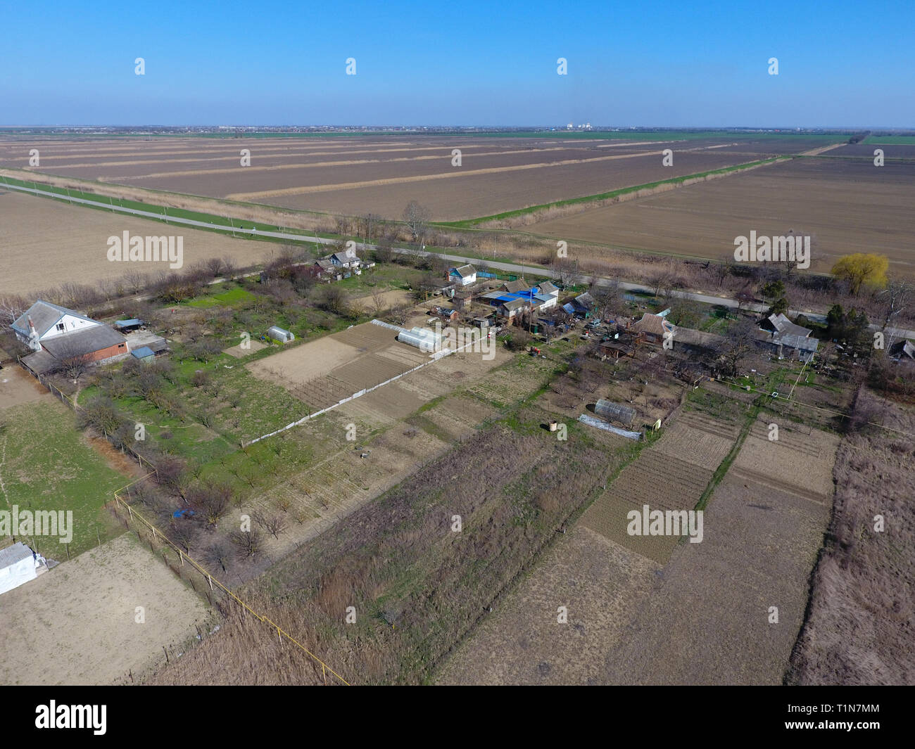 Village view from above, vegetable gardens and gardens in the village ...
