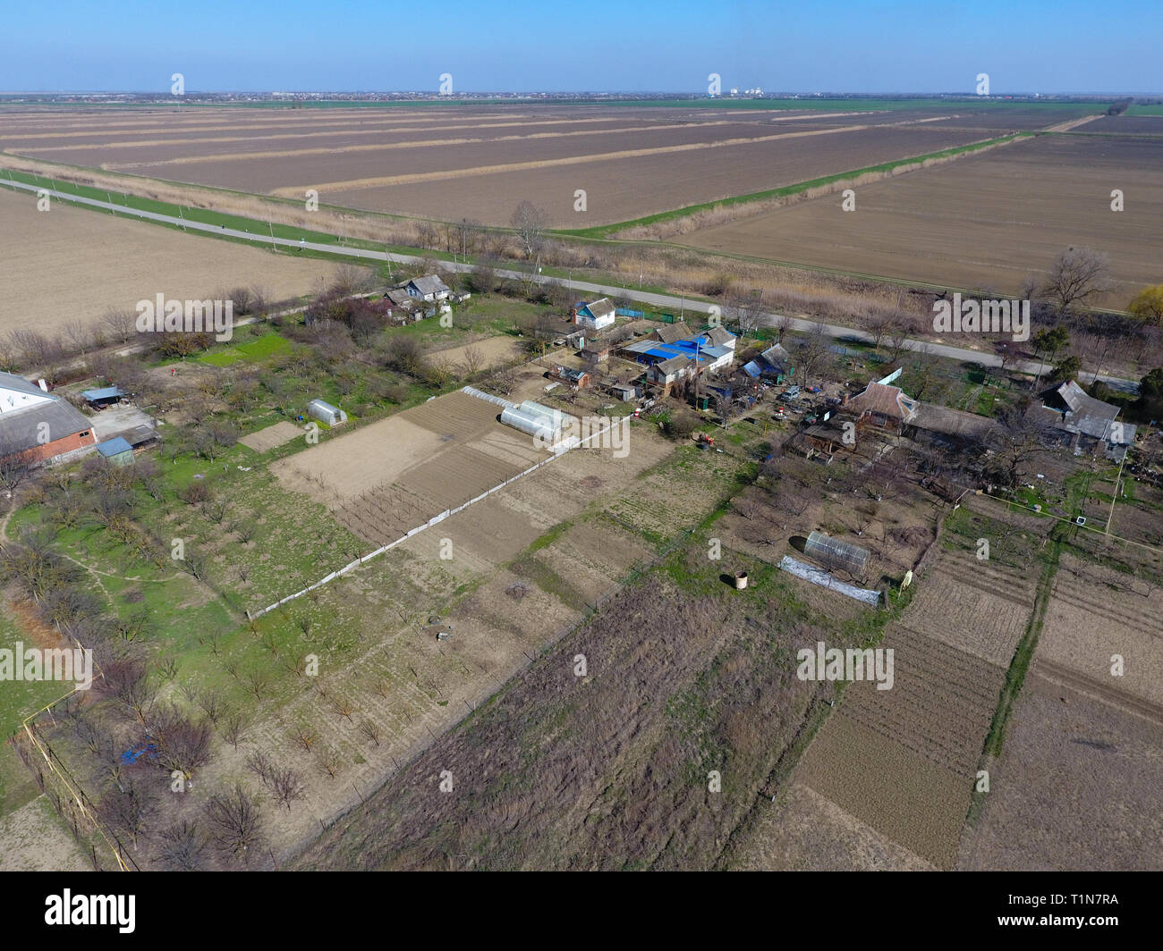 Village view from above, vegetable gardens and gardens in the village ...