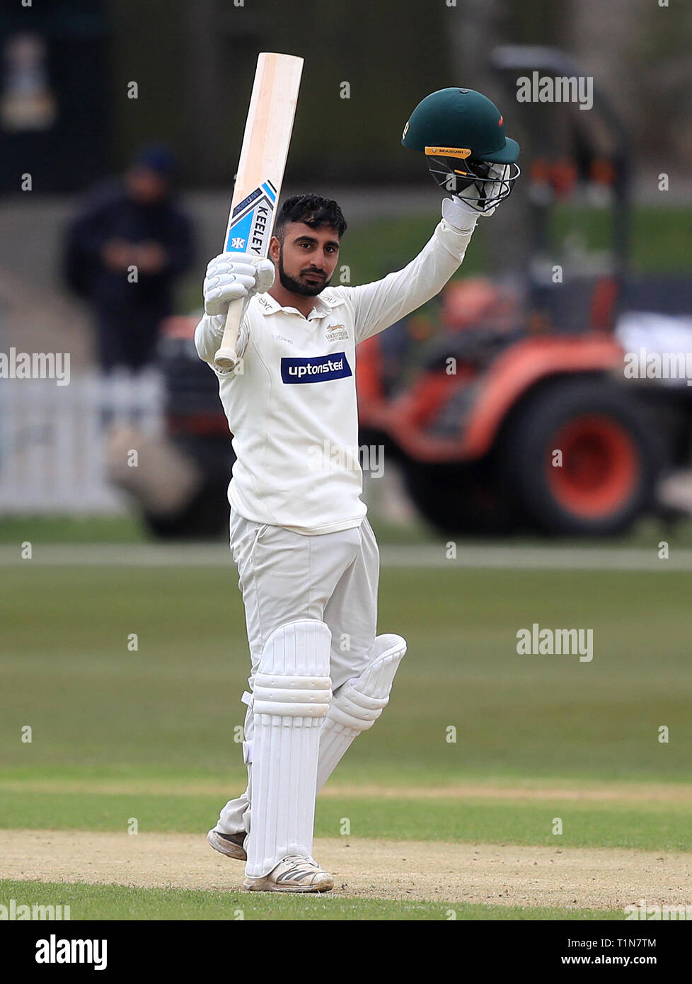 Leicestershire's Ateeq Javid celebrates scoring a century during day ...