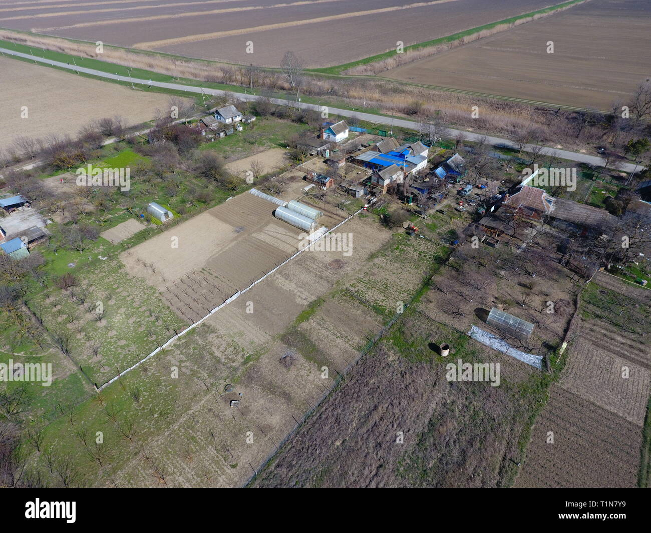 Village view from above, vegetable gardens and gardens in the village ...