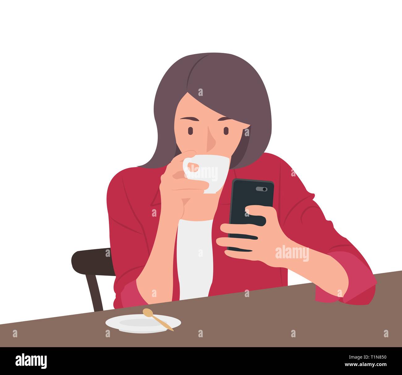 Cartoon people character design young woman drinking coffee and using ...