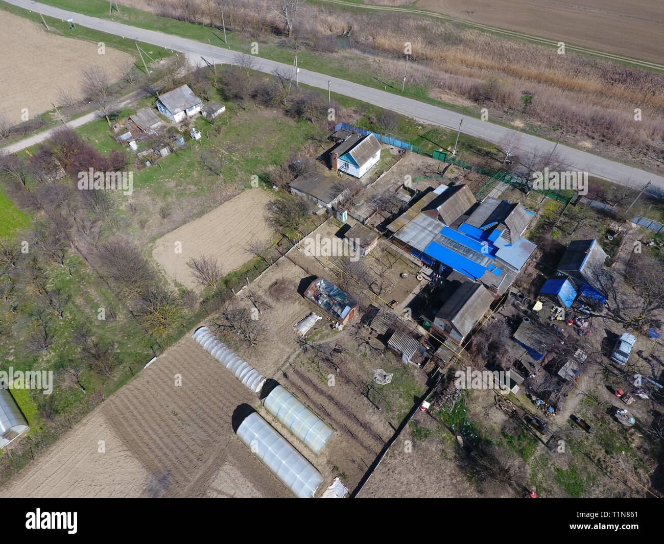 Village view from above, vegetable gardens and gardens in the village ...