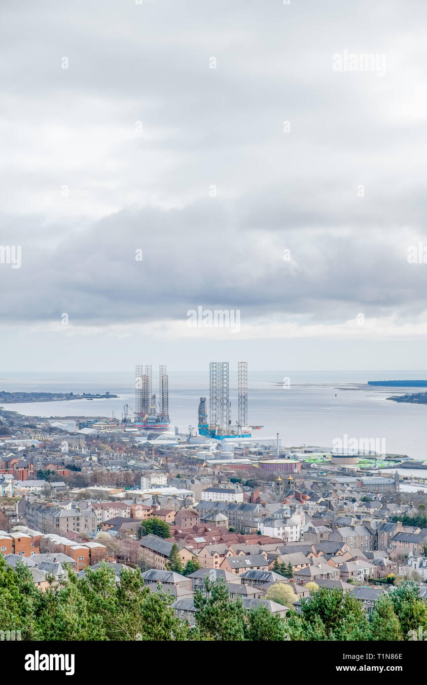 Looking over Dundee City and its harbour accross the Firth of Tay in a ...