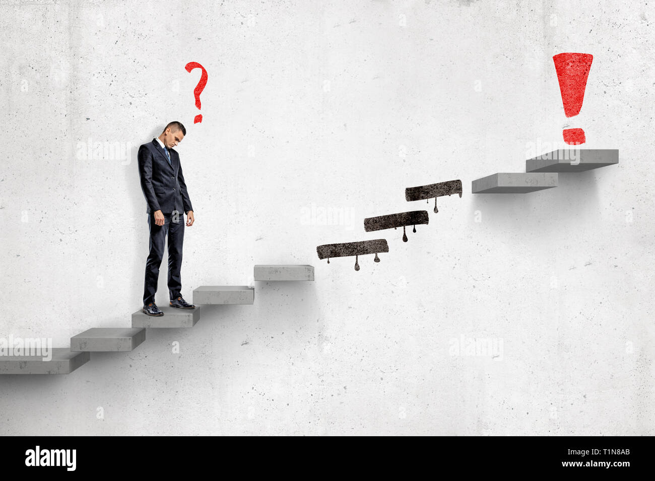 Sad businessman with red cartoon question mark standing on ladder to ...