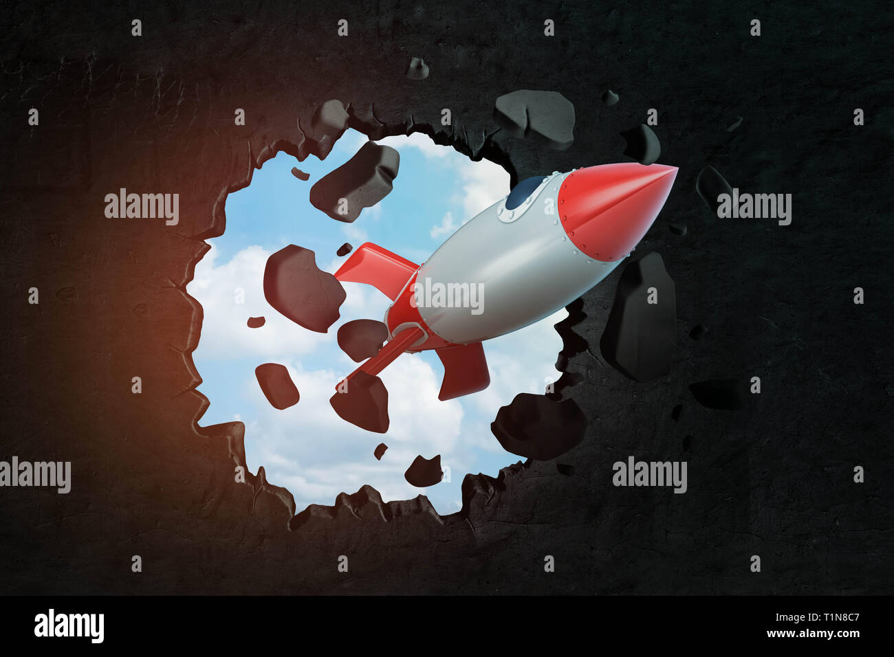 3d closeup rendering of toy space rocket punching hole in black wall ...