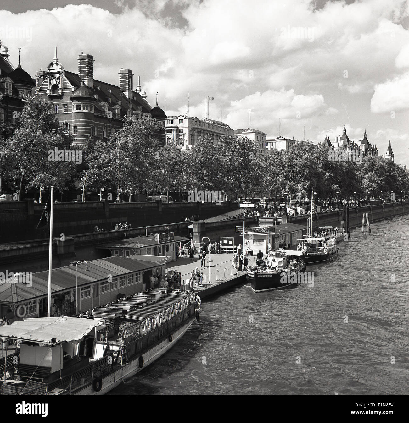 1960s, Westminister Pier, Victorian Embankment, London, England, UK ...