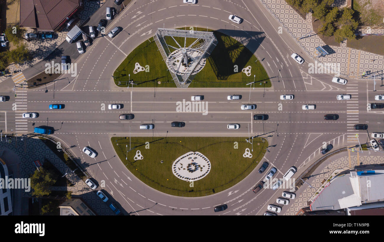 Top view of urban road traffic, roundabout, junction traffic cars Stock ...
