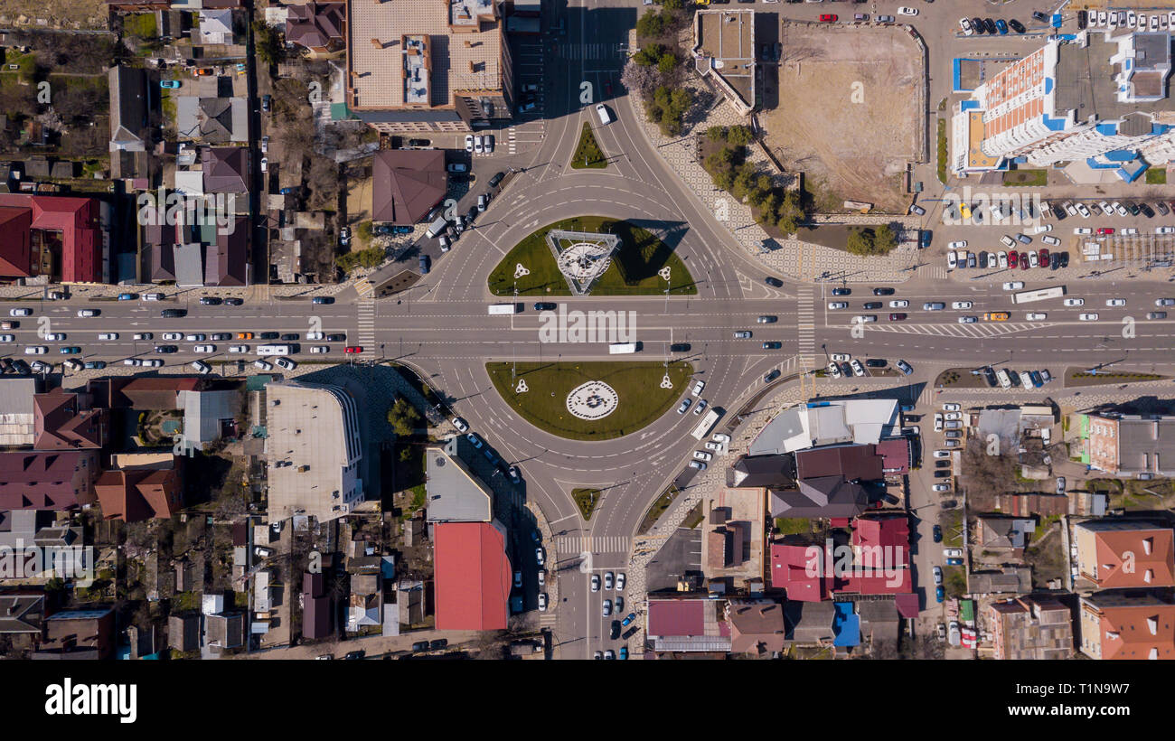 Top down view of road roundabout, junction route traffic Stock Photo ...