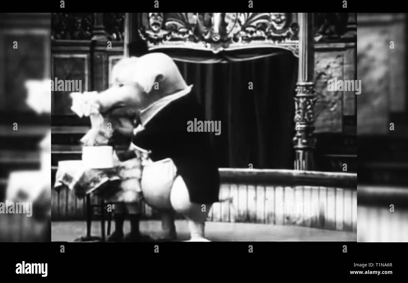 Strange old image of a giant dancing pig with sharp teeth Stock Photo ...