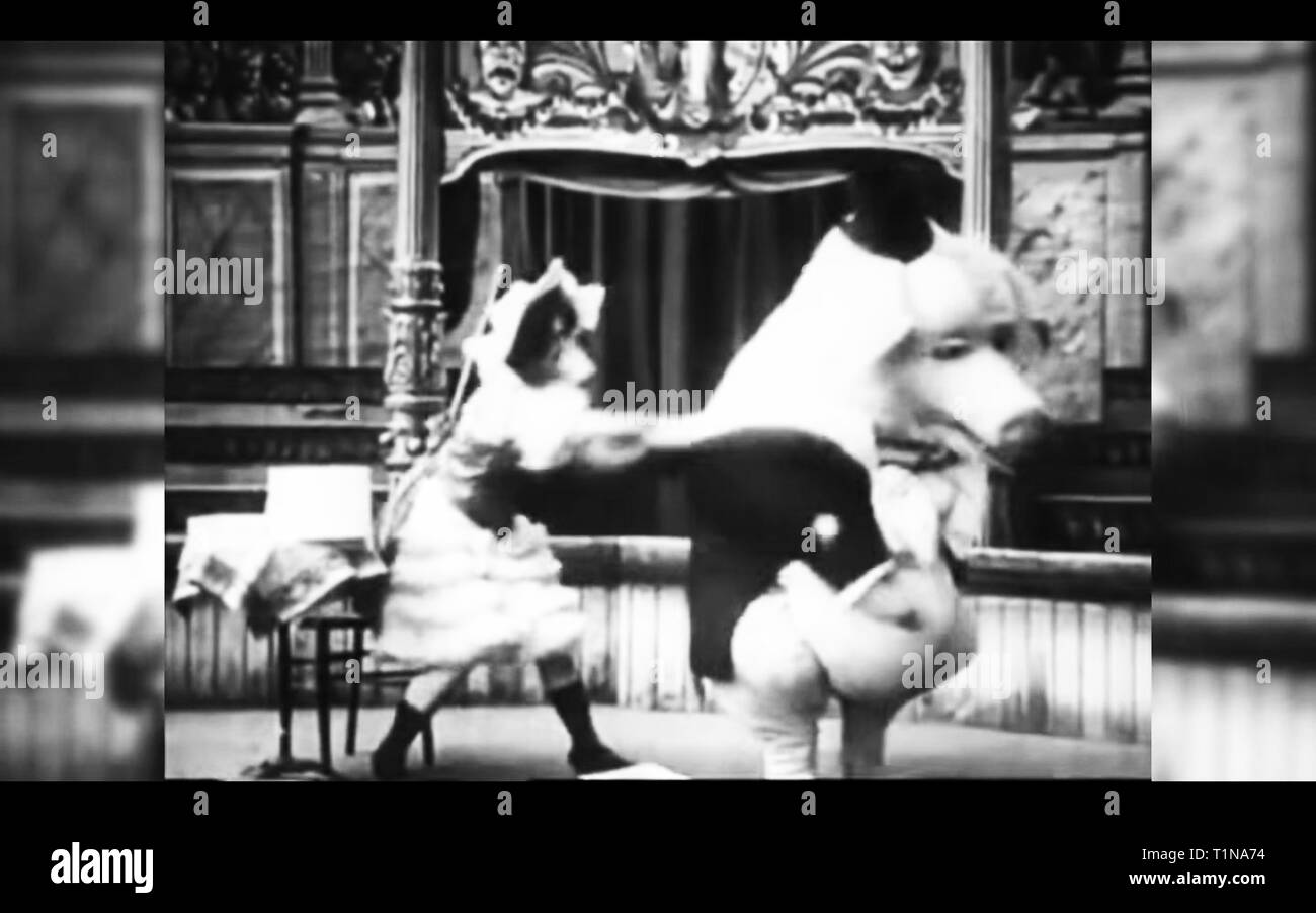 Strange old image of a giant dancing pig with sharp teeth Stock Photo ...
