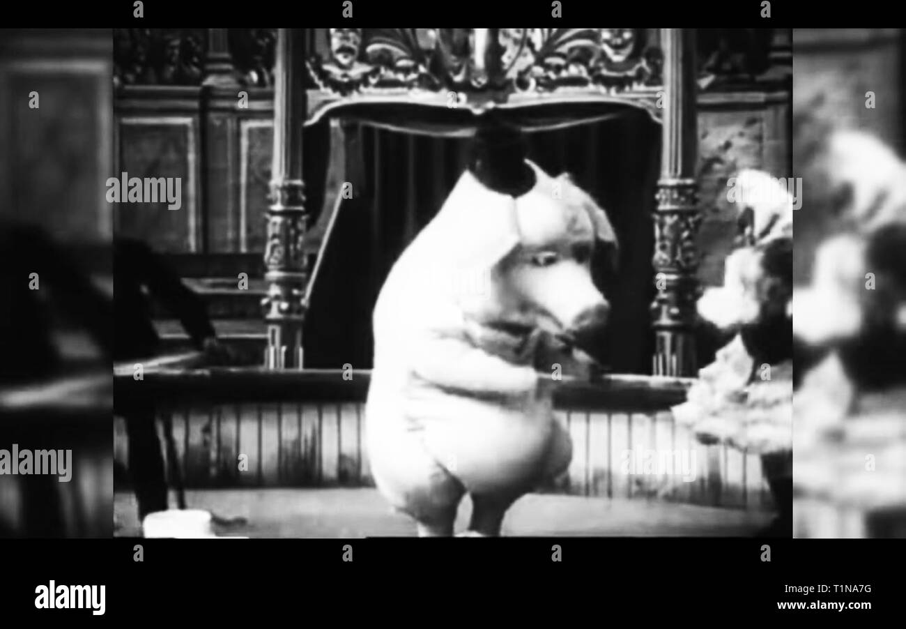 Strange old image of a giant dancing pig with sharp teeth Stock Photo ...