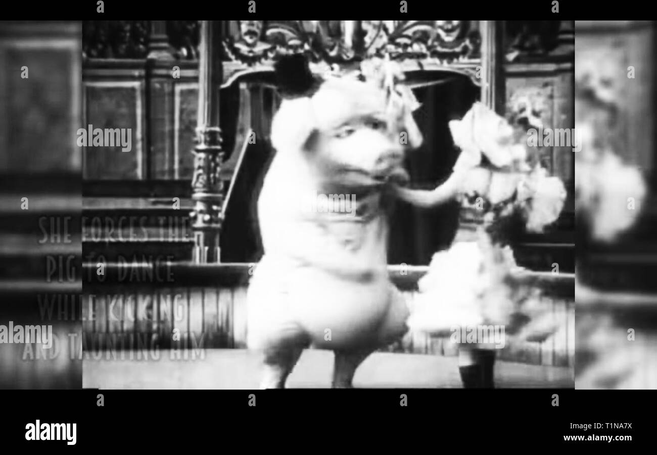 Strange old image of a giant dancing pig with sharp teeth Stock Photo ...