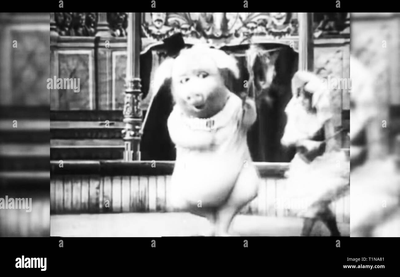 Strange old image of a giant dancing pig with sharp teeth Stock Photo ...
