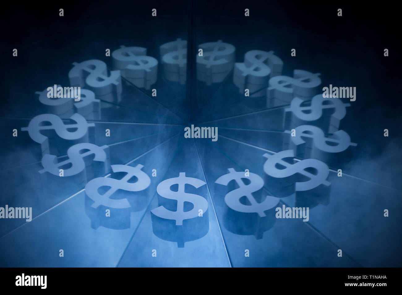 US Dollar Currency Symbol Covered In Dark Winter Fog With many Mirror ...